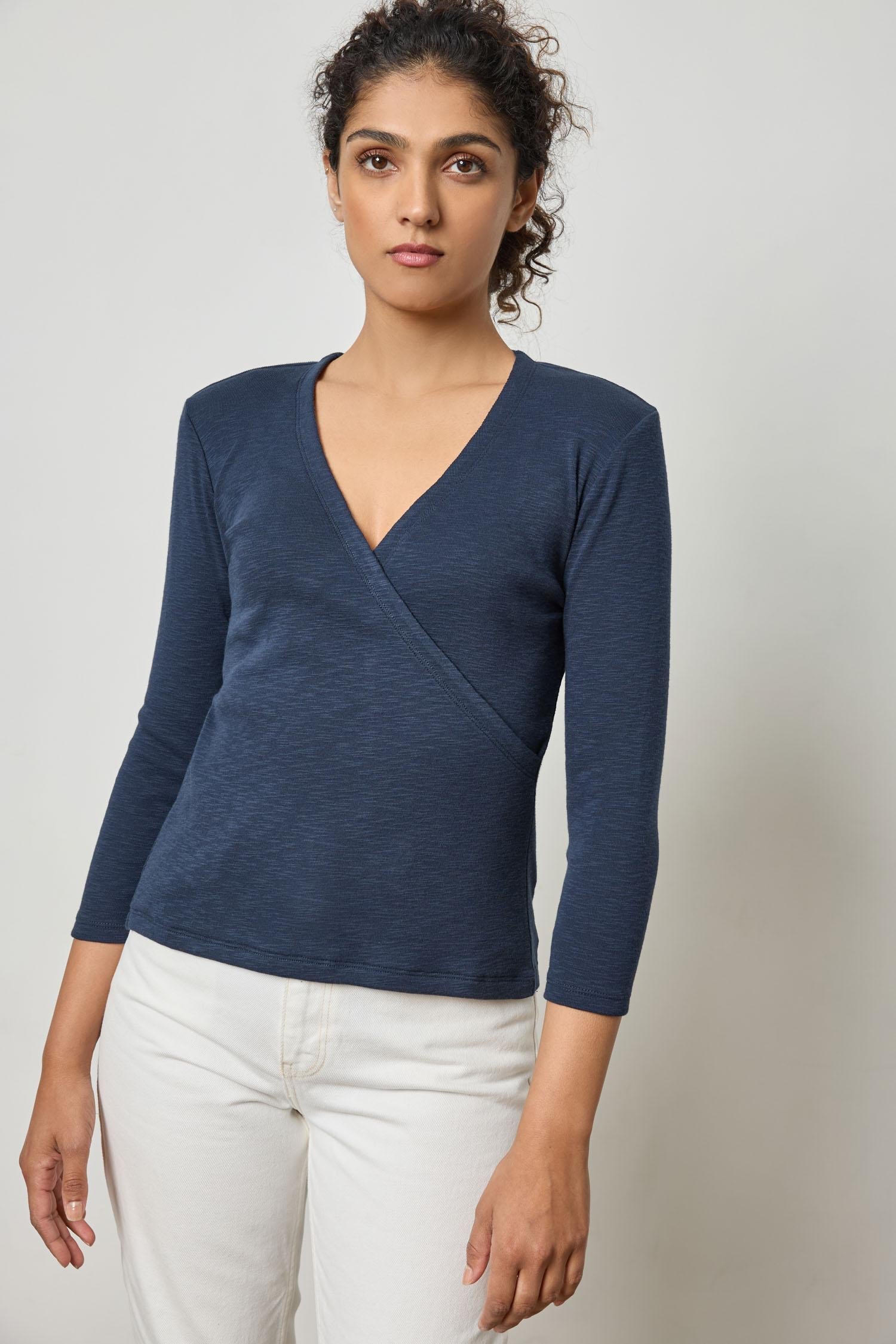 Elegant 3/4 Sleeve Navy Surplice Wrap Top for a Flattering Fit